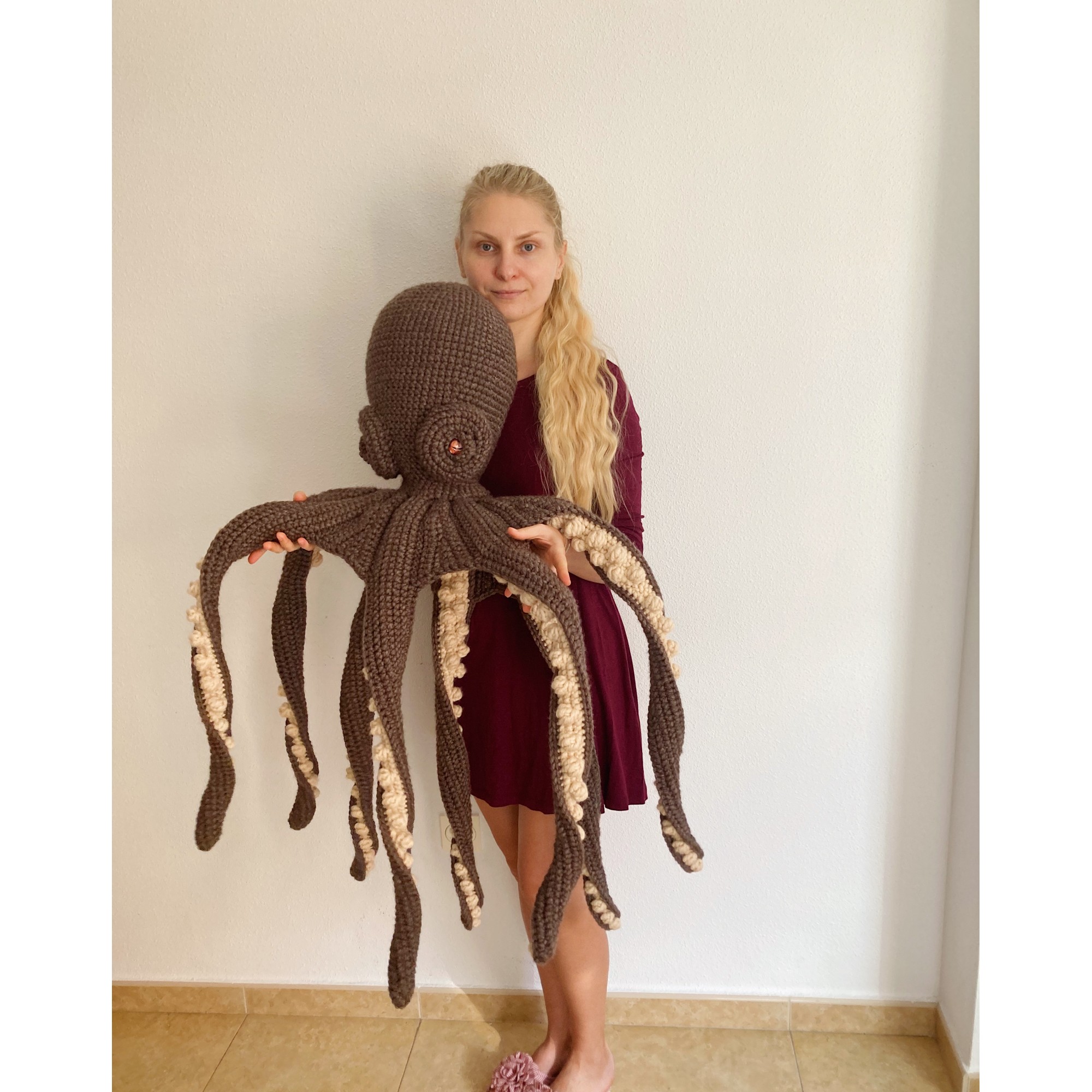 Brown big sea creature, crochet sea animal, stuffed giant octopus